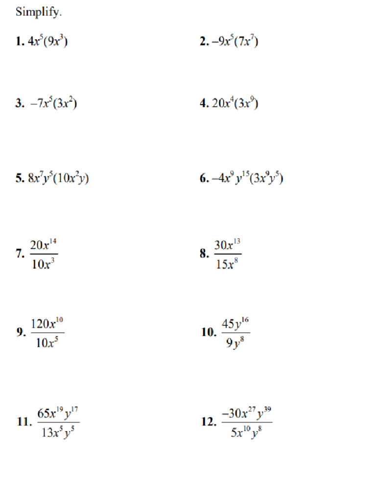 Algebra Multiply and Divide Worksheet | PDF