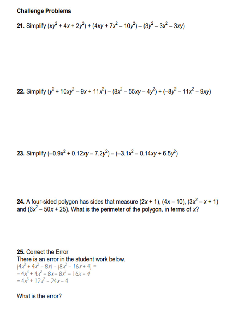 Algebra Challenge Problems Worksheet | PDF
