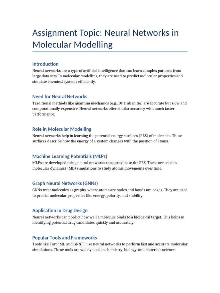 Neural Networks in Molecular Modelling Assignment | PDF