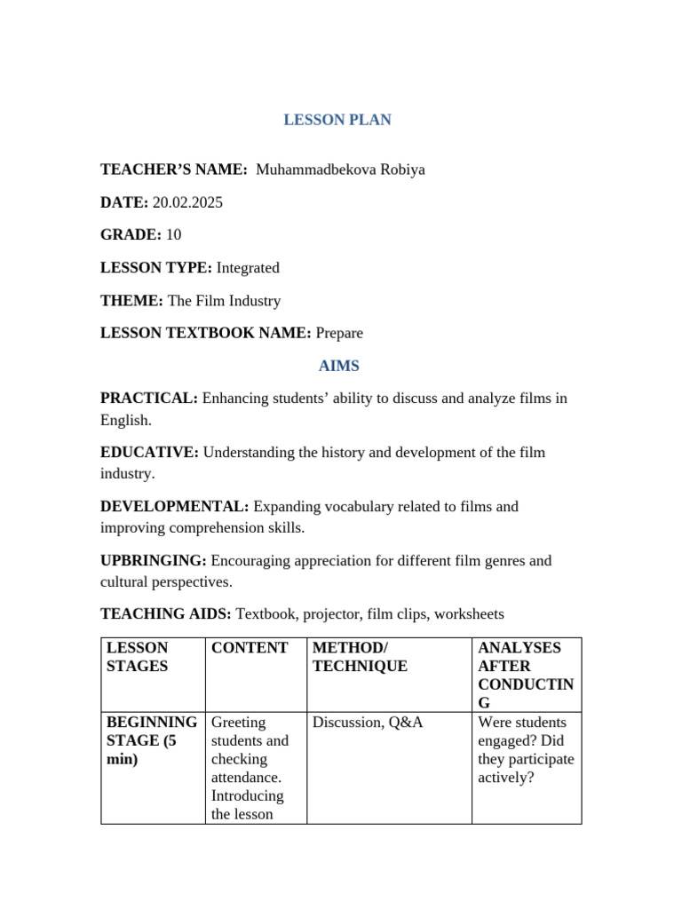 Lesson Plan Film Industry | PDF | Reading Comprehension | Procedural ...
