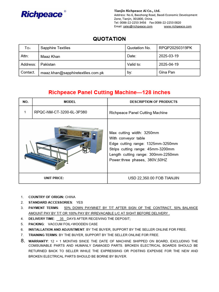 20250319-Richpeace Panel Cutting Machine Quotation To Sapphire Textiles | PDF