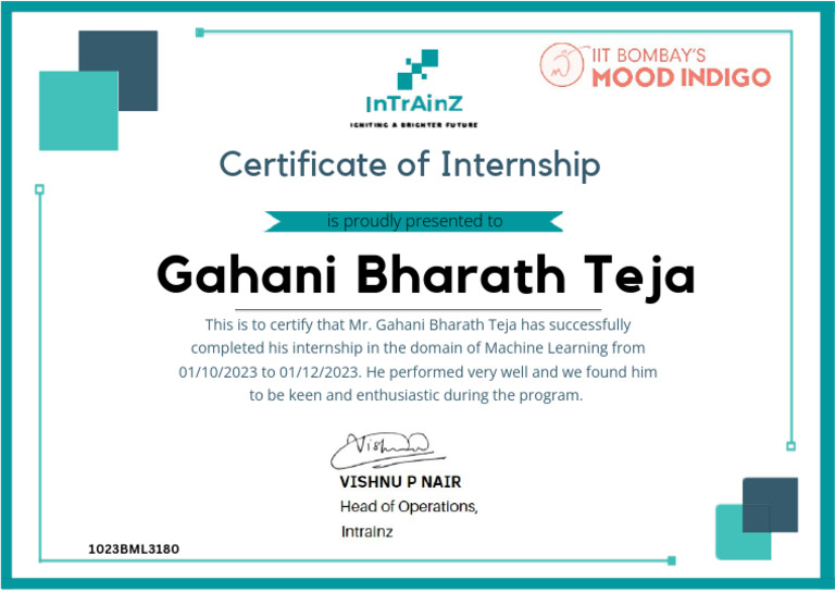 Certificate of Internship: Gahani Bharath Teja | PDF