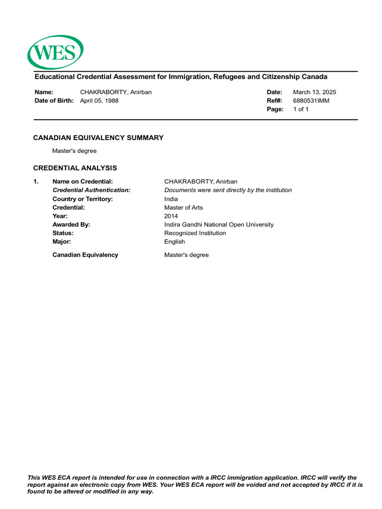 Canadian Master's Degree Equivalency Report | PDF