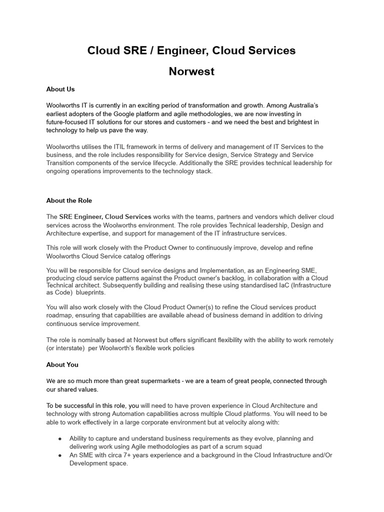 Woolworths Group - JD 2024 - Cloud SRE - Engineer - Contractor-1 | PDF | Cloud Computing | Agile ...