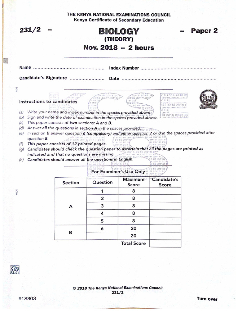 Kcse 2018 Bio PP2 | PDF