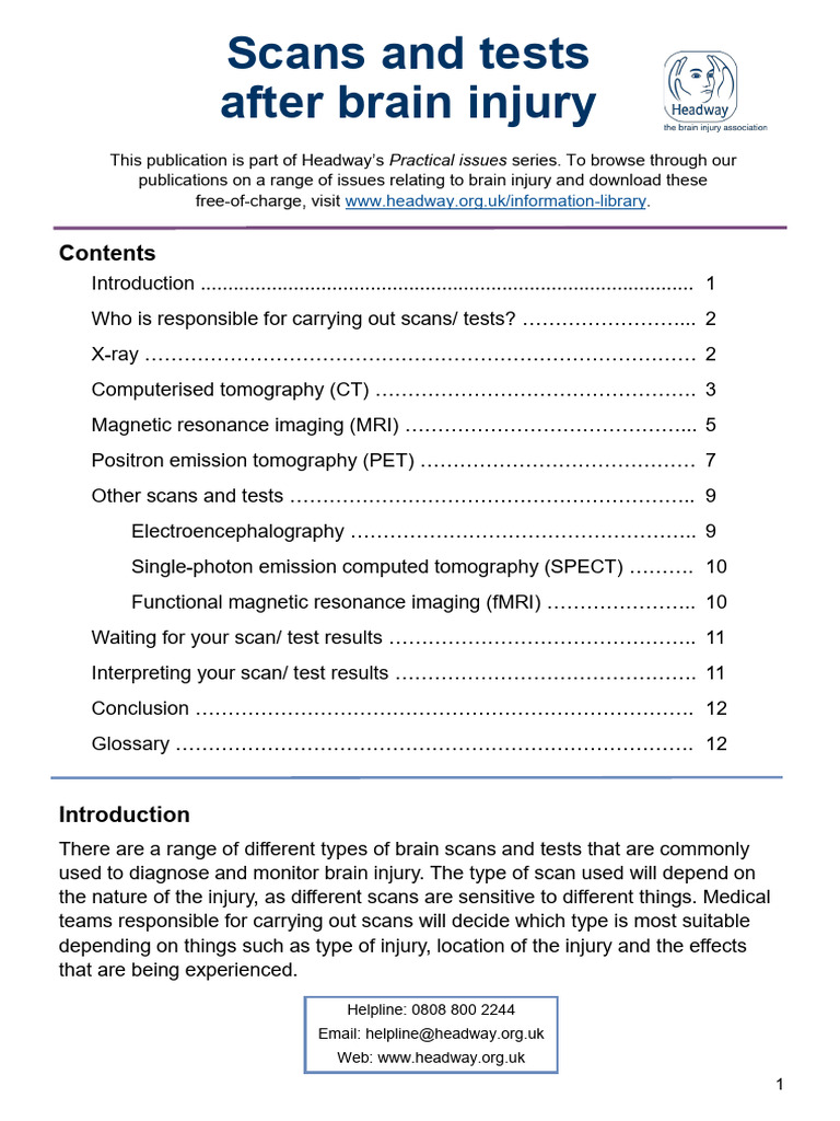 Brain Injury Scans and Tests Guide | PDF | Positron Emission Tomography ...