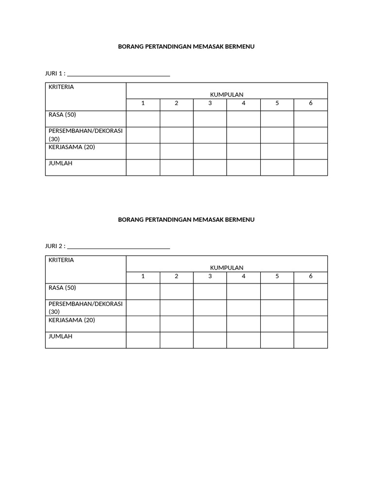 Borang Pertandingan Memasak Bermenu | PDF