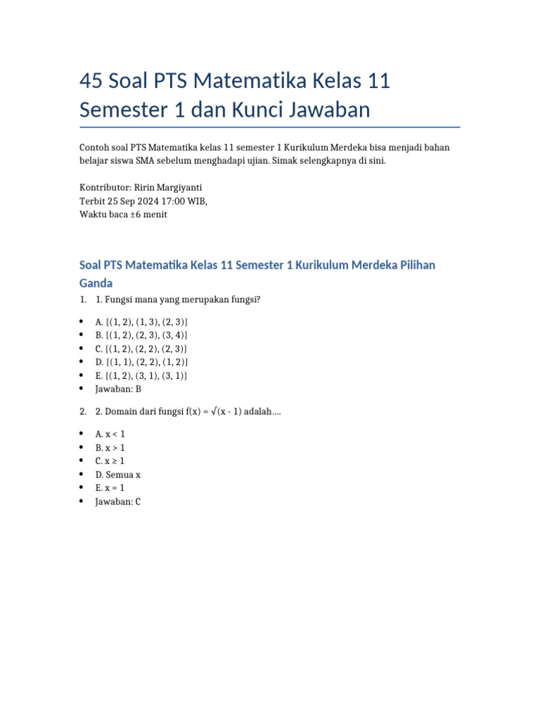 Soal PTS Matematika Kelas 11 Kurikulum Merdeka | PDF