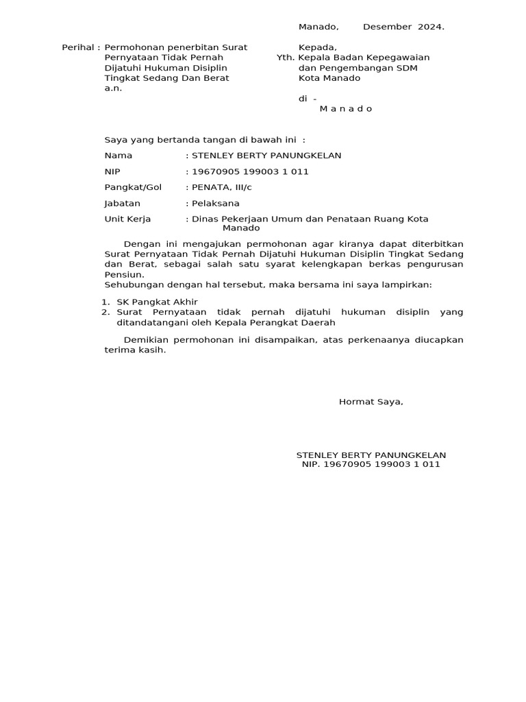 Surat Permohonan Pernyataan Hukdis | PDF