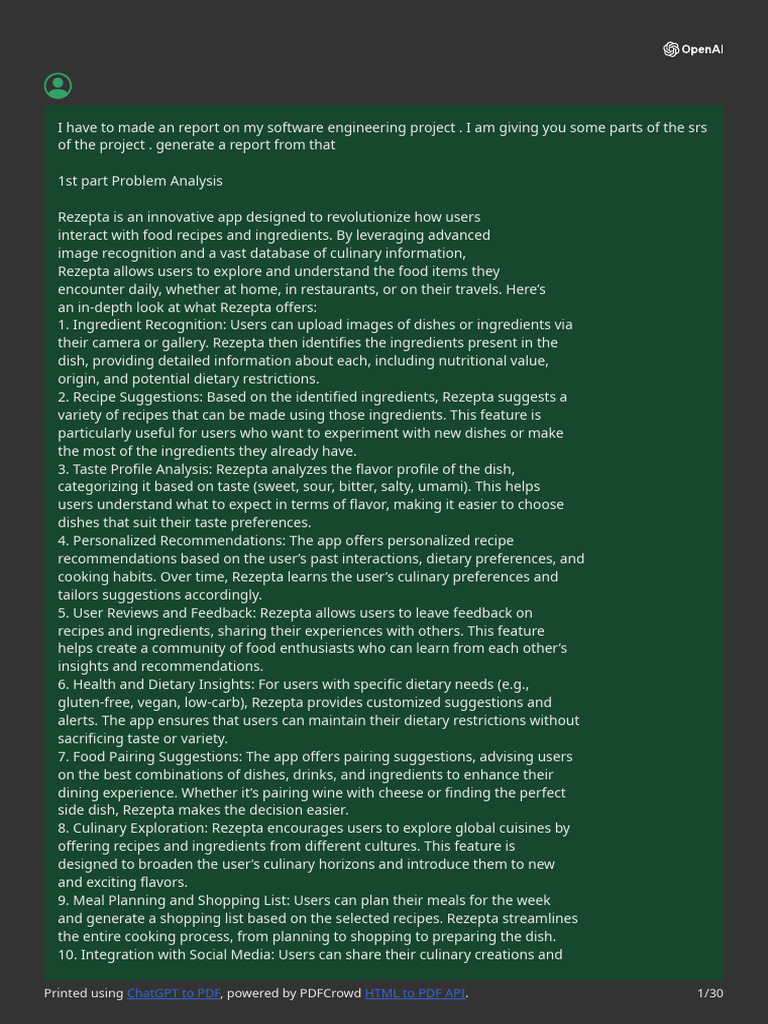 Software Engineering Project Report - Rezepta | PDF | Taste | Recipe