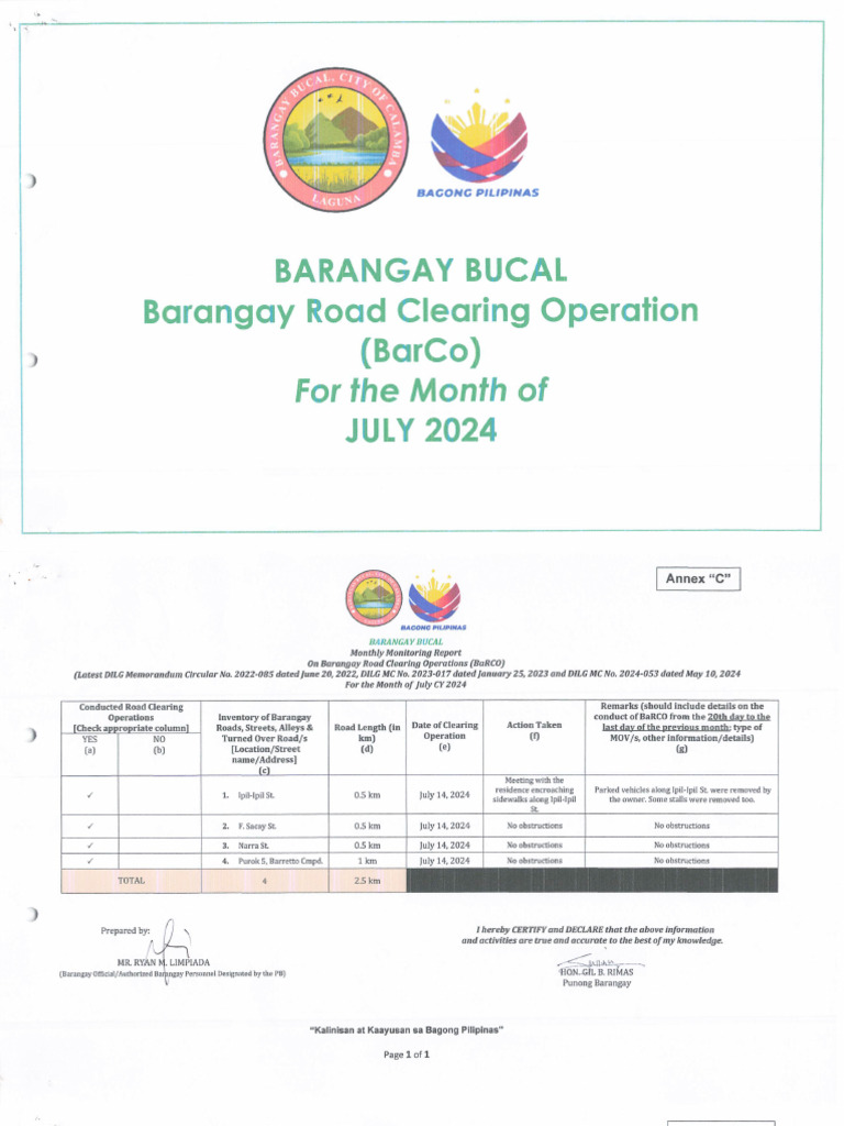 BARANGAY BUCAL Barangay Road Clearing Operation (BarCo) | PDF