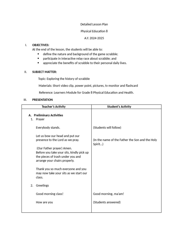 1 Detailed Lesson Plan - 8 History of Scrabble | PDF | Human ...