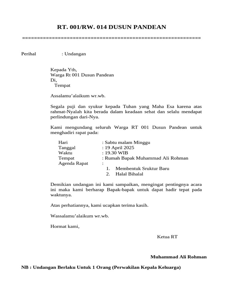 Undangan Rapat Warga RT 001 Pandean | PDF