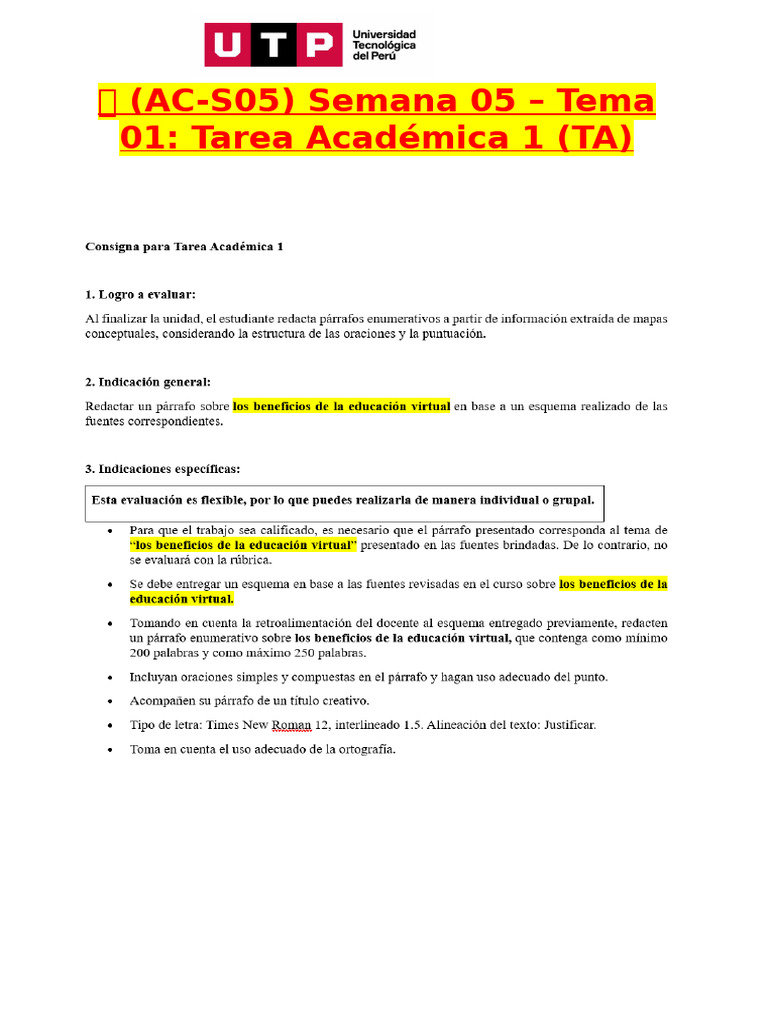 ? (AC-S05) Semana 05 - Tema 01 Tarea Académica 1 (TA) - NIVELACION DE REDACCION | PDF ...