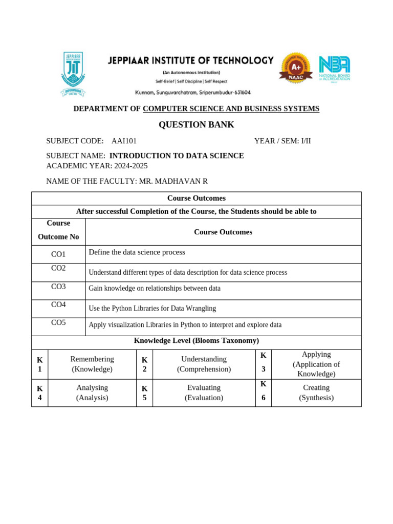 Aai101 Data Science Question Bank | PDF | Linear Regression | Regression Analysis