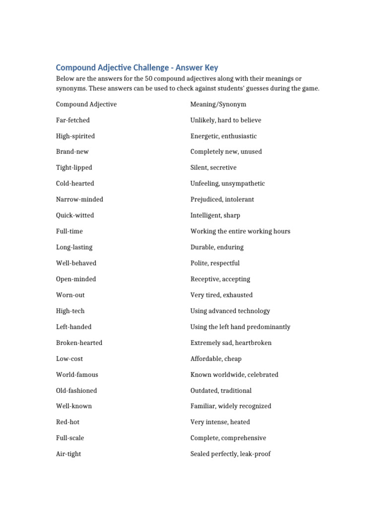 Compound_Adjective_Challenge_Answers | PDF