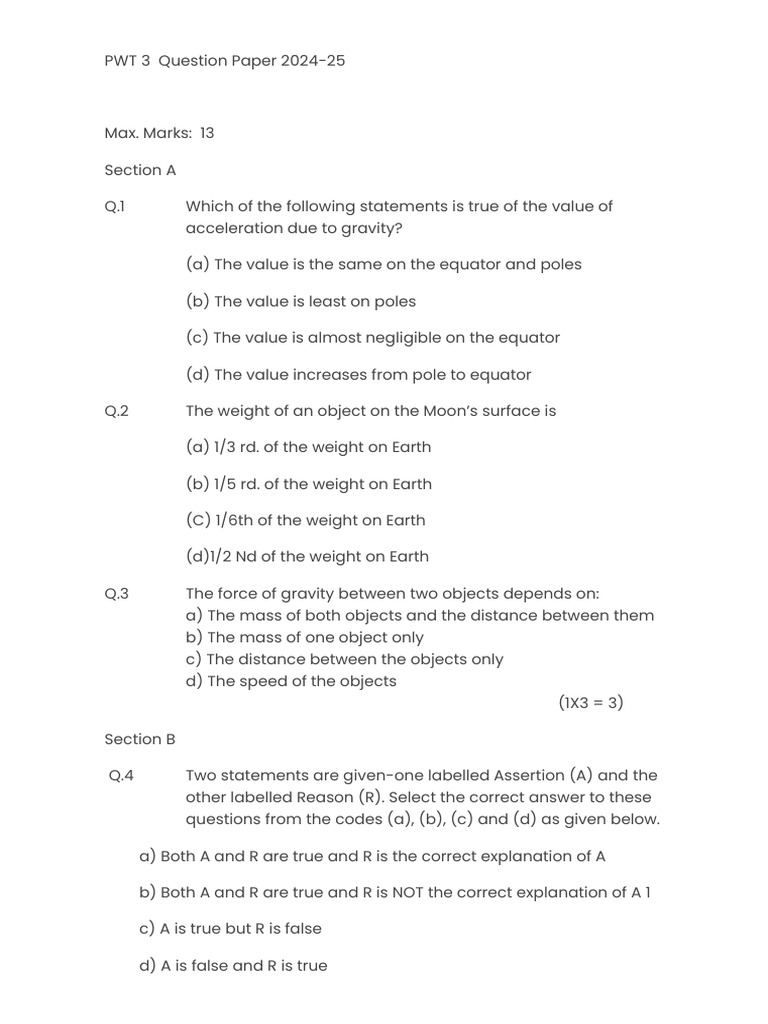 Class IX Physics PWT 3 Question Paper | PDF | Gravity | Weight