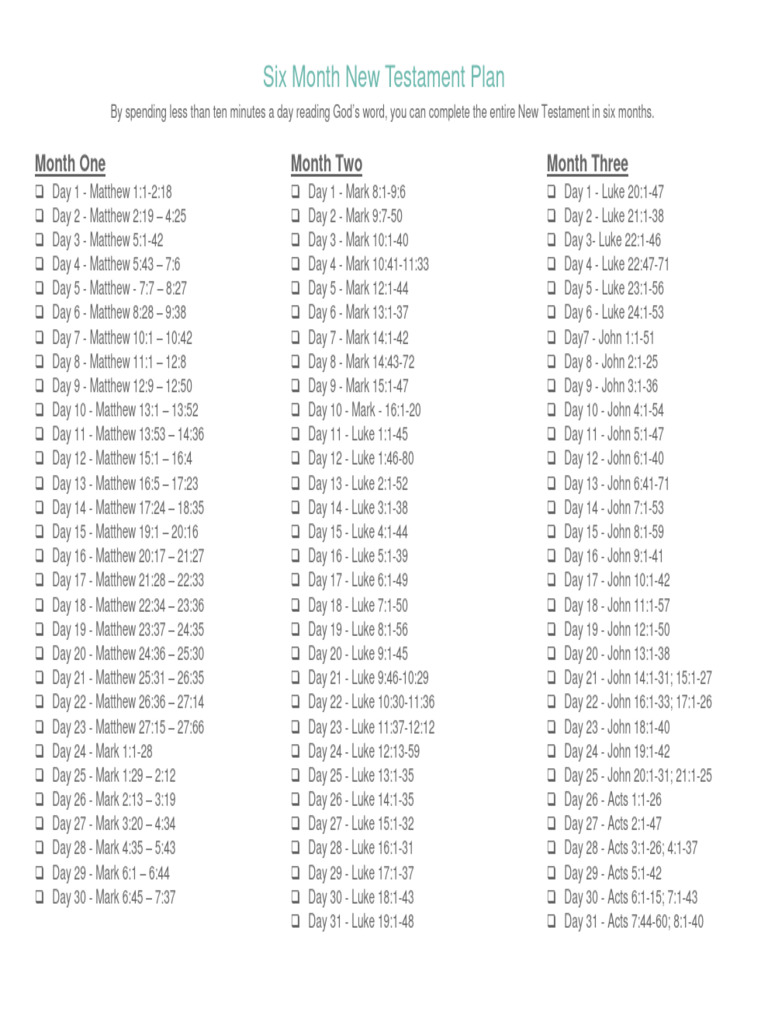 6 Month New Testament Bible Reading Plan | PDF | Gospel Of Mark ...