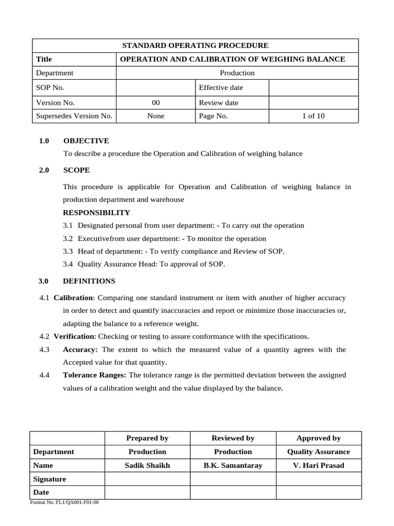 Weighing Balance Calibration SOP | PDF | Calibration | Weight