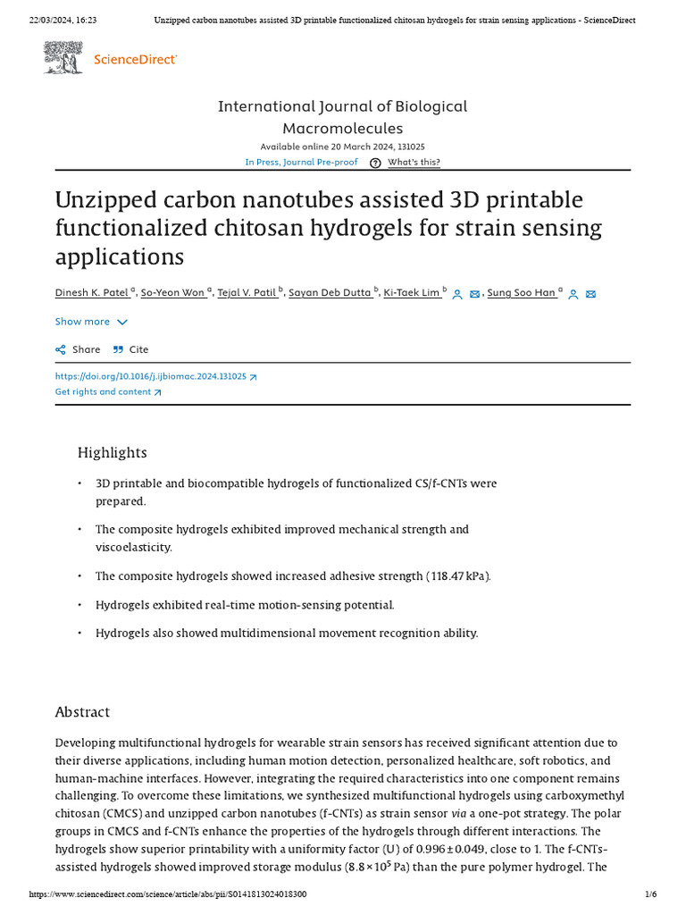 Unzipped Carbon Nanotubes Assisted 3D Printable Functionalized Chitosan Hydrogels For Strain ...
