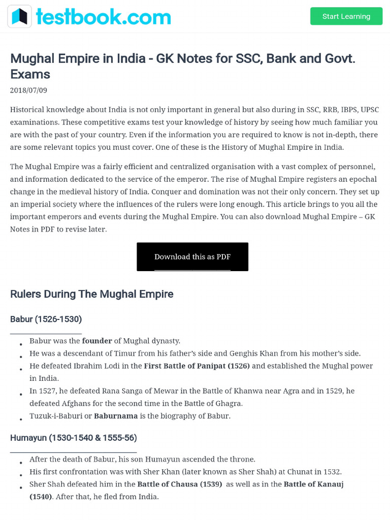 Mughal Empire GK Notes | PDF