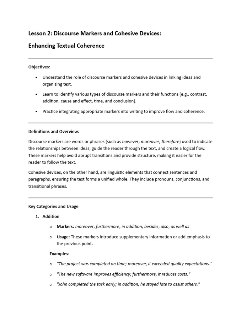 Lesson 2 - Discourse Markers and Cohesive Devices | PDF | Communication ...