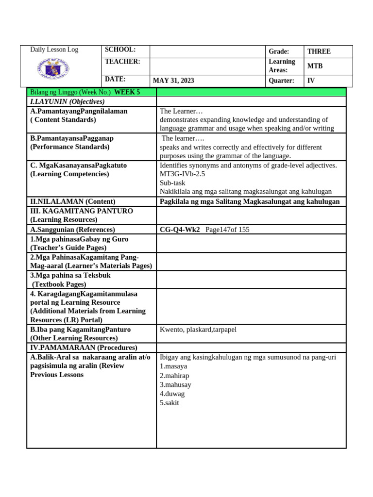 MTB DLL Q4 WK 5 Day 4 | PDF
