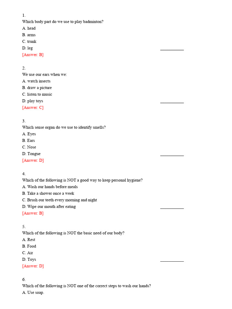 Body Parts and Personal Hygiene Quiz | PDF | Senses | Hand