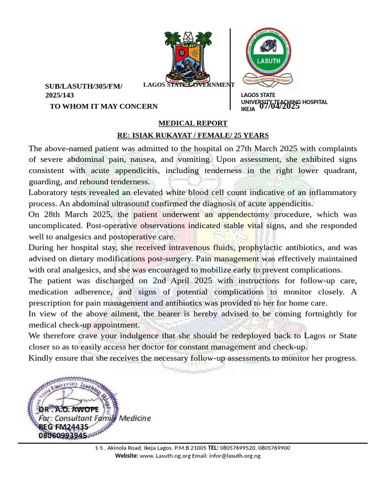 Medical Report for Isiak Rukayat | PDF