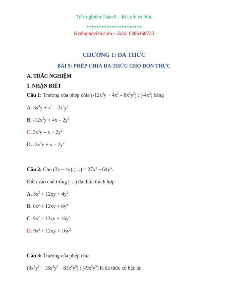 Bai 5 Phep Chia Da Thuc Cho Don Thuc 0 | PDF