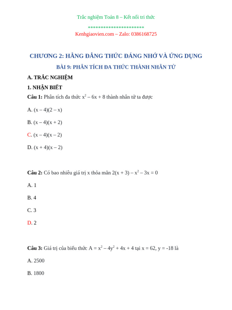 Bai 9 Phan Tich Da Thuc Thanh Nhan Tu | PDF