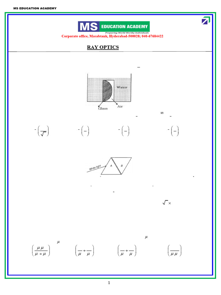 EAPCET PHY RAY OPTICS ASSIGNEMENT ( 23-04-25) T1 | PDF | Refraction | Refractive Index