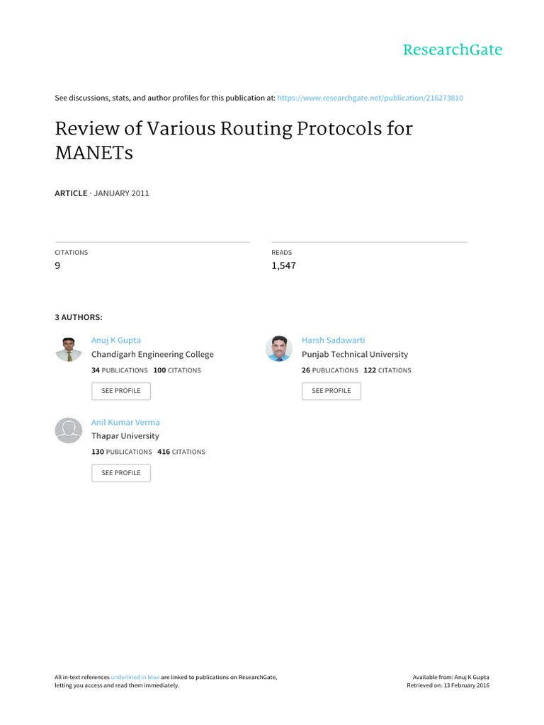 Review of Various Routing Protocols For MANETs | PDF | Routing | Wireless Ad Hoc Network