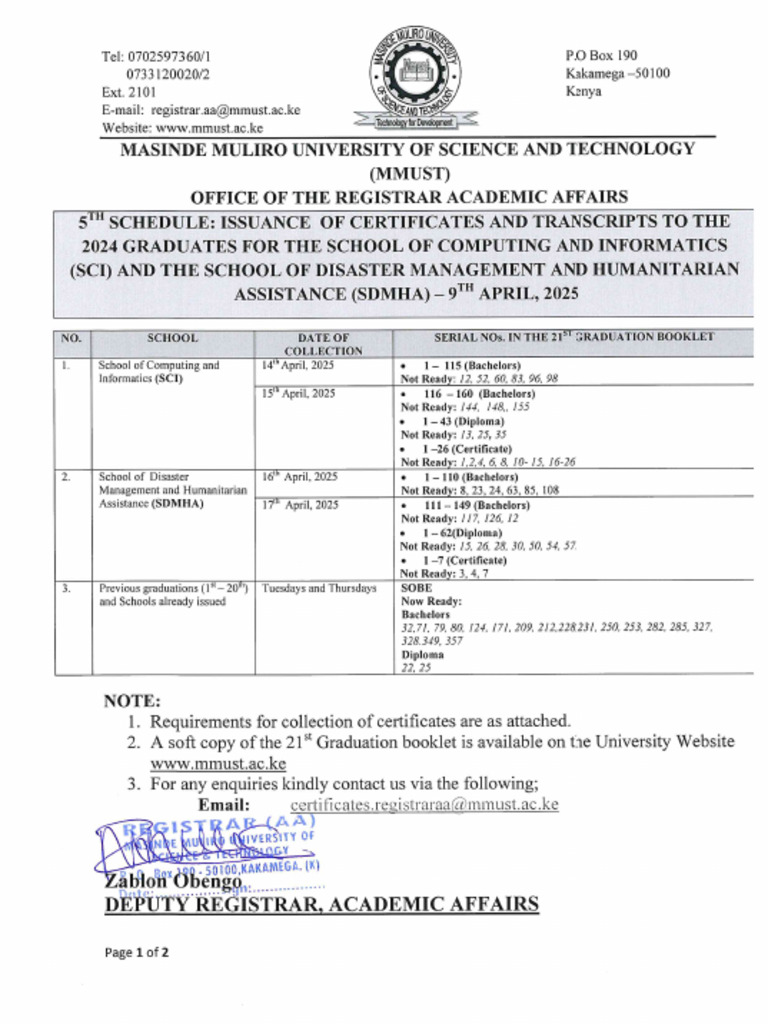5th Schedule For Issuance of Certificates and Transcripts To 2025 ...