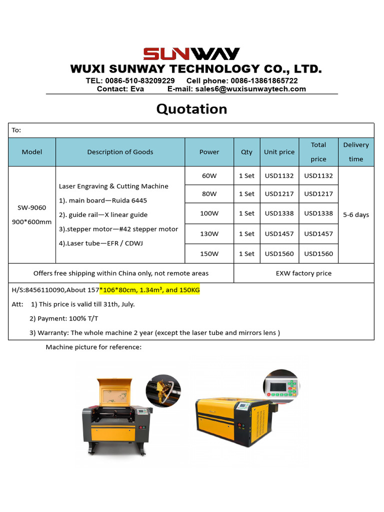 Wuxi Sunway Laser Engraving Machine Quote | PDF | Natural Rubber