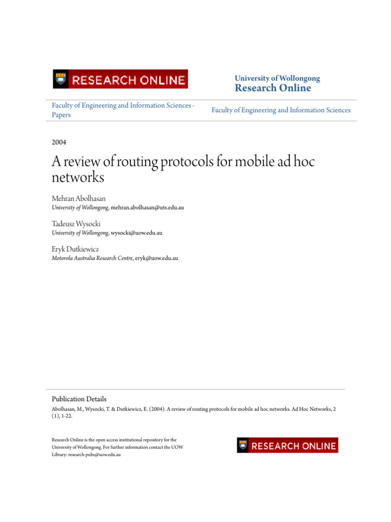 A Review of Routing Protocols For Mobile Ad Hoc Networks | PDF | Routing | Wireless Ad Hoc Network