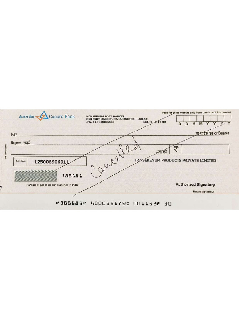 Canara Bank Cancelled Cheque | PDF