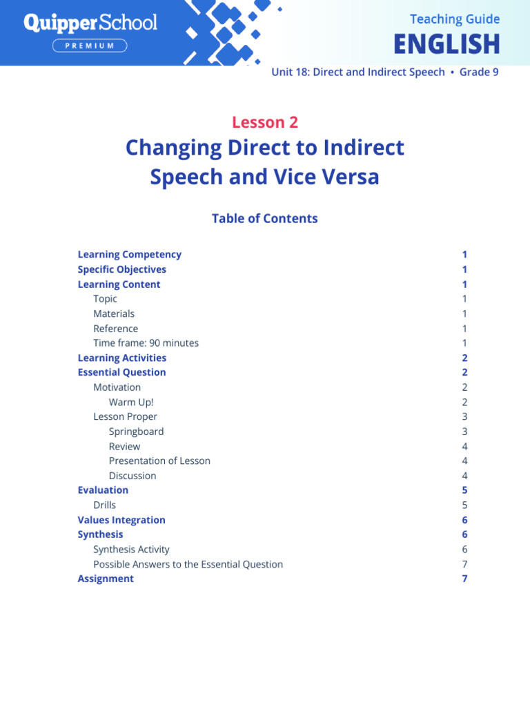 PDF (TG) - English 9 - Unit 18 - Lesson 2 - Changing Direct To Indirect Speech and Vice Versa ...