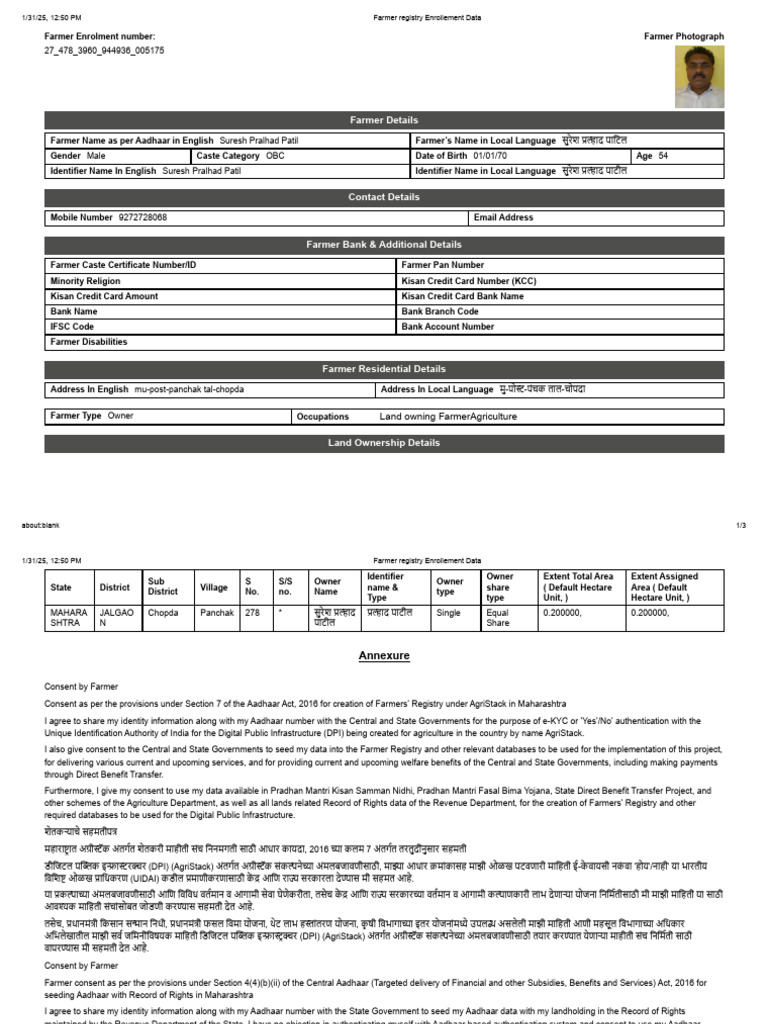 Farmer Registry Enrollement Data | PDF