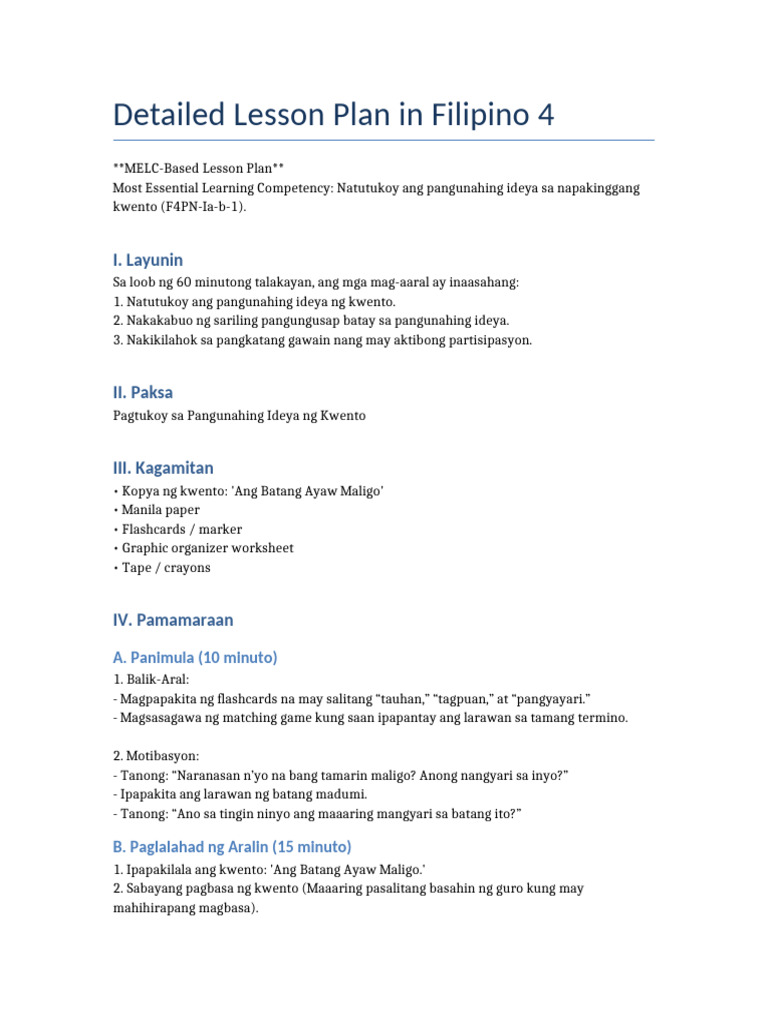 Detailed Lesson Plan Filipino4 MELC | PDF