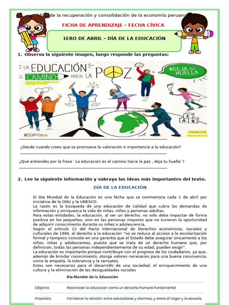 Ficha-Fecha Cívica-1ero de Abril - Día de La Educación-Jezabel Camargo-Único Contacto-978387435 ...