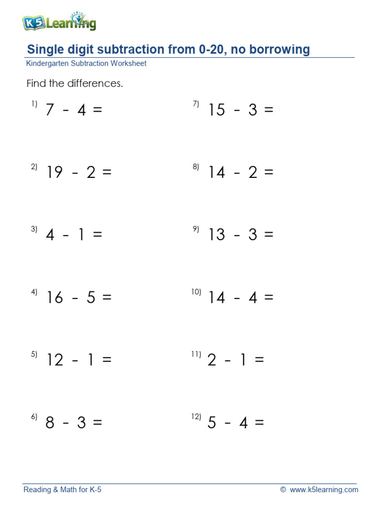 Kindergarten Subtraction Worksheet | PDF