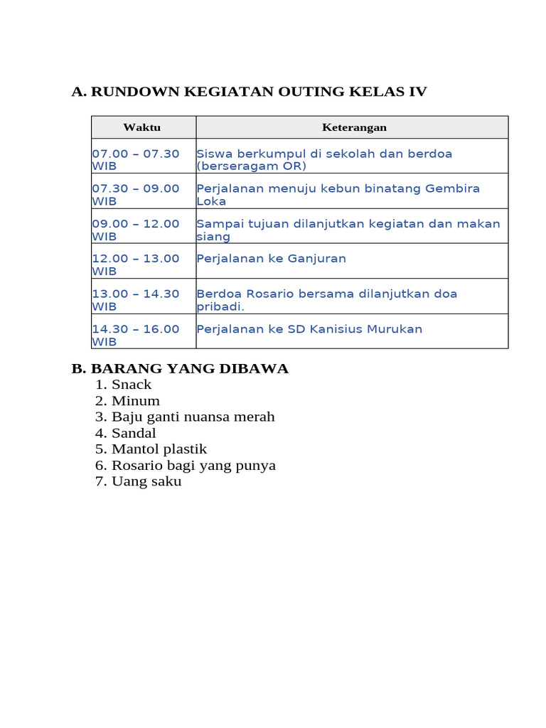 Rundown Kegiatan Outing Kelas IV | PDF