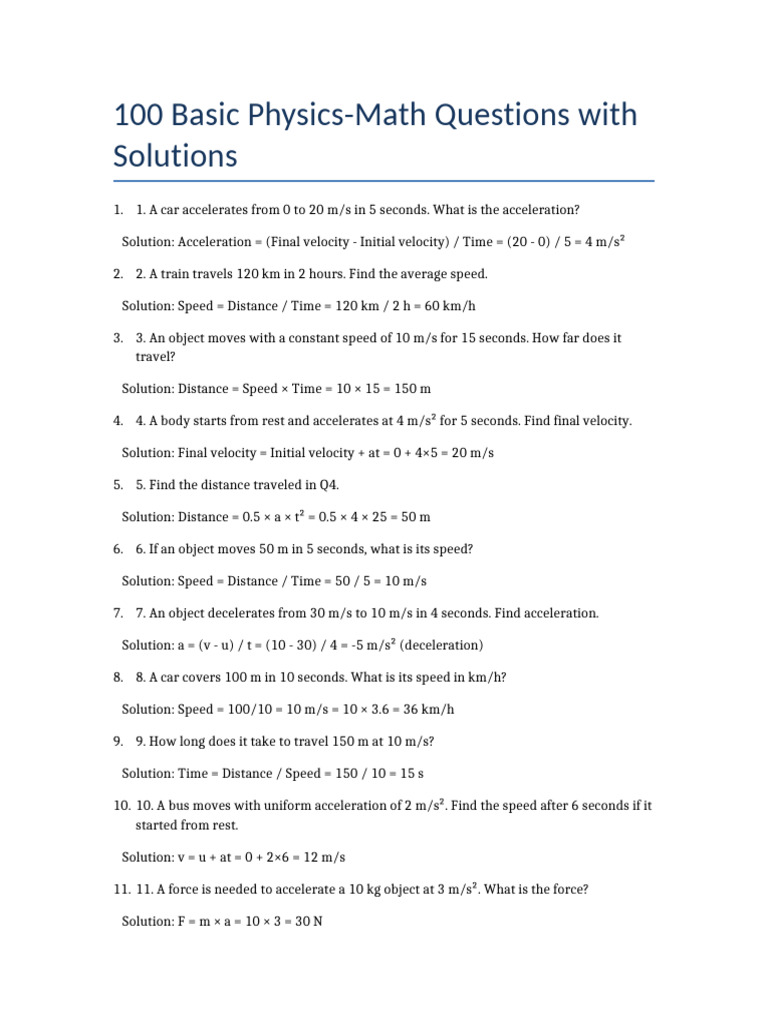 100 Physics Math Questions With Solutions | PDF | Force | Acceleration