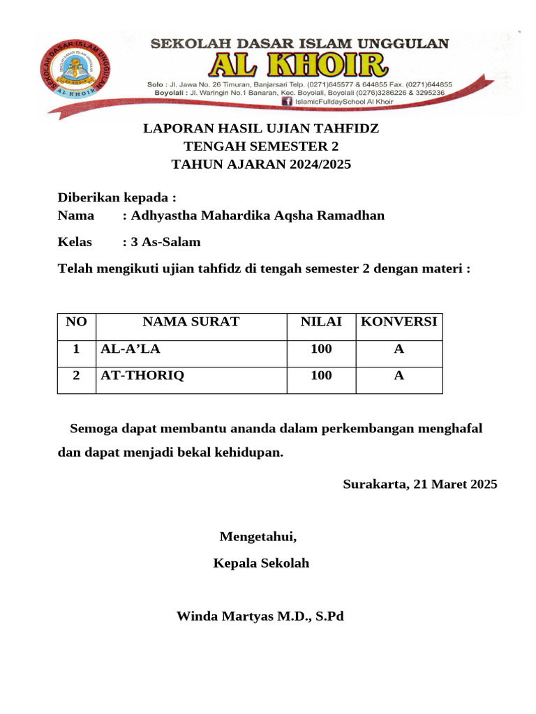 Laporan Ujian Tahfidz Tengah Semester 2 Kls 3 | PDF