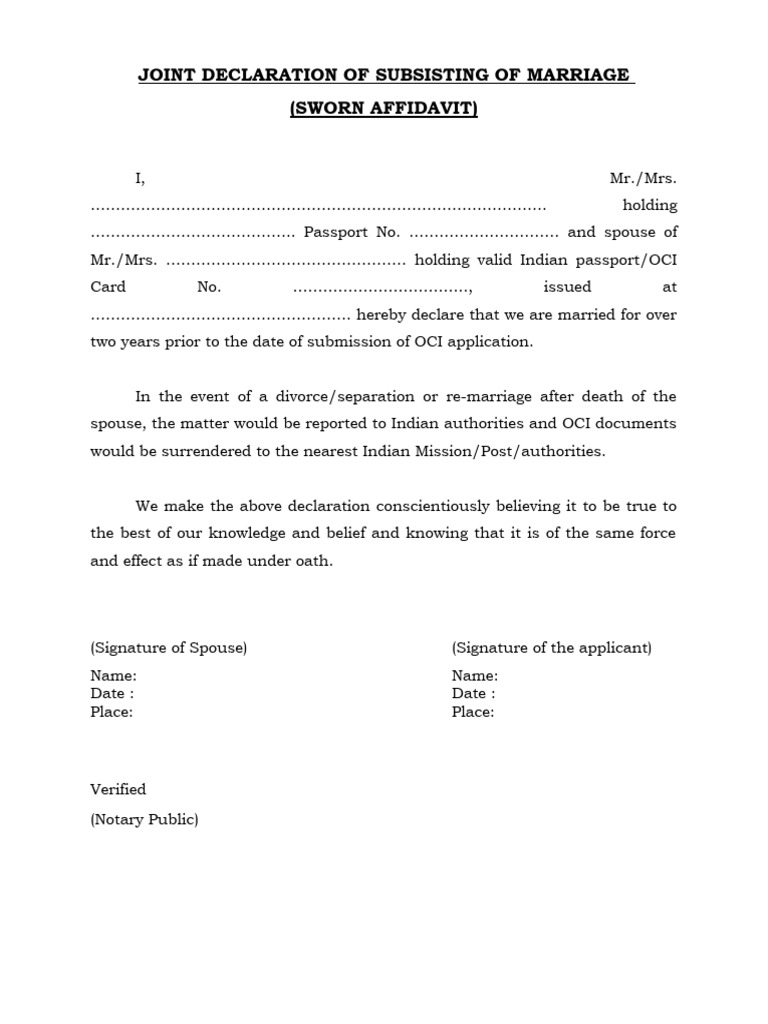 Joint Declaration (Swornaffidavit) For Subsisting of Marriage | PDF