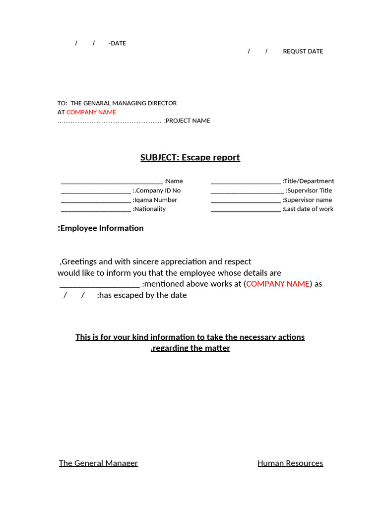 Employee Escape Report Template | PDF