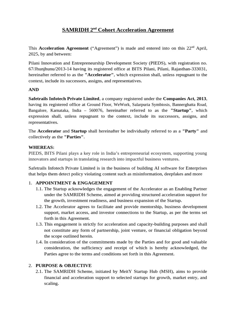 SAMRIDH 2nd Cohort Acceleration Agreement for final | PDF | Startup ...