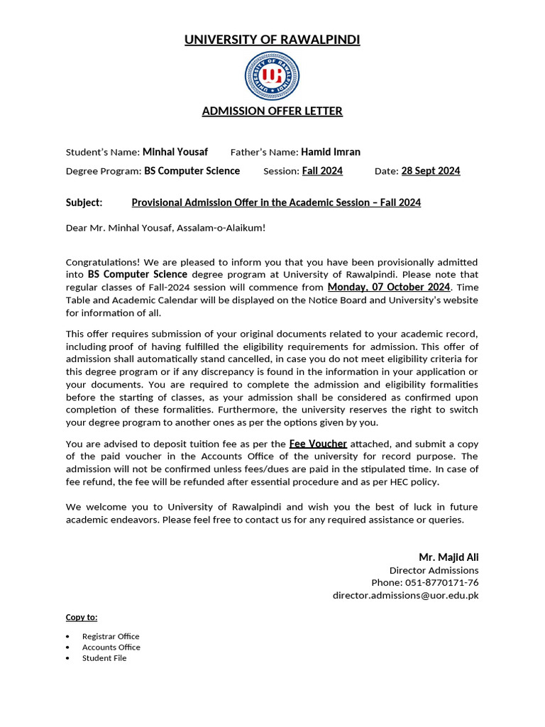 Provisional Admission Offer - Fall 2024 | PDF