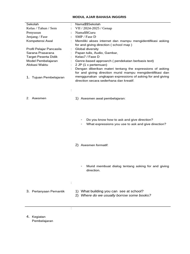 Modul Ajar Asking For and Giving Direction 1 (School Map) | PDF